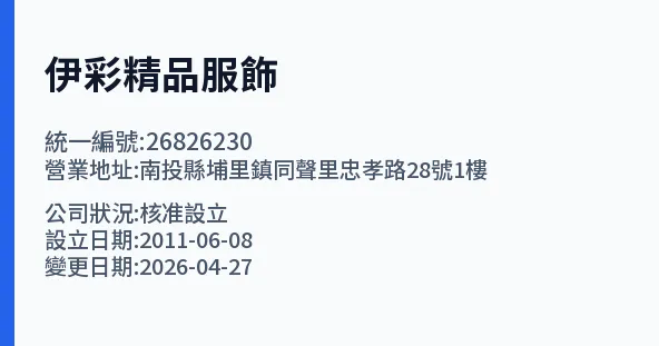 伊彩精品服飾的照片-統編 26826230(南投縣) 公司登記資料與營業項目詳細圖表