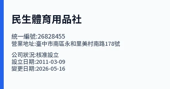 民生體育用品社的照片-統編 26828455(臺中市) 公司登記資料與營業項目詳細圖表