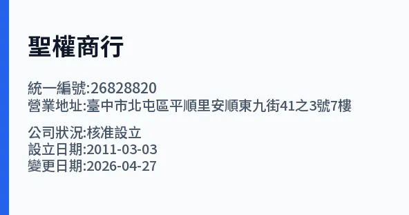 聖權商行的照片-統編 26828820(臺中市) 公司登記資料與營業項目詳細圖表
