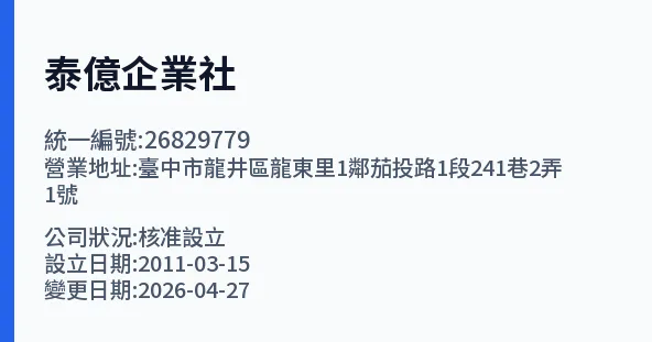 泰億企業社的照片-統編 26829779(臺中市) 公司登記資料與營業項目詳細圖表