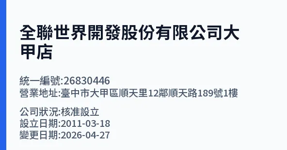 全聯世界開發股份有限公司大甲店的照片-統編 26830446(臺中市) 公司登記資料與營業項目詳細圖表