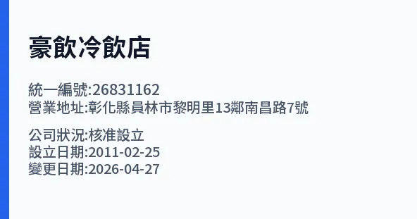 豪飲冷飲店的照片-統編 26831162(彰化縣) 公司登記資料與營業項目詳細圖表