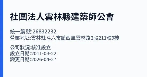 社團法人雲林縣建築師公會的照片-統編 26832232(雲林縣) 公司登記資料與營業項目詳細圖表