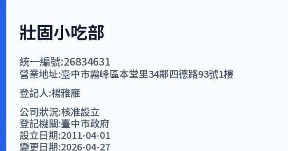 壯固小吃部的照片-統編 26834631(臺中市) 公司登記資料與營業項目詳細圖表