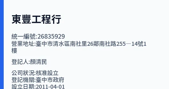 東豐工程行的照片-統編 26835929(臺中市) 公司登記資料與營業項目詳細圖表