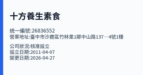 十方養生素食的照片-統編 26836552(臺中市) 公司登記資料與營業項目詳細圖表