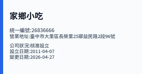 家鄉小吃的照片-統編 26836666(臺中市) 公司登記資料與營業項目詳細圖表