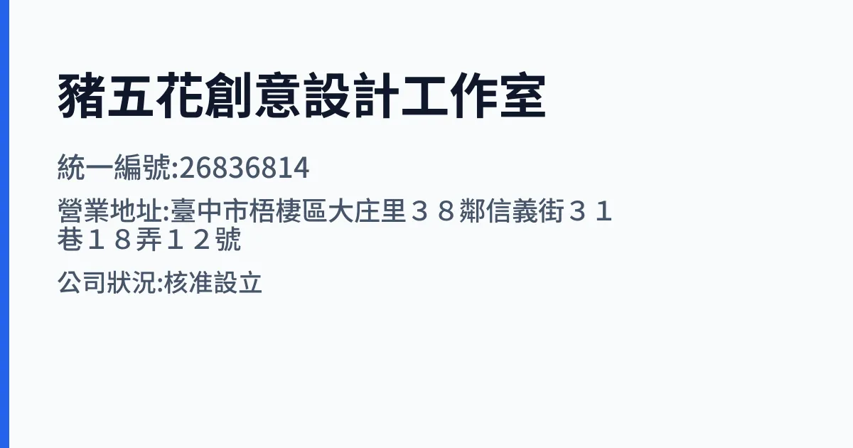 豬五花創意設計工作室 - 統編 26836814(臺中市) 公司登記資料與營業項目詳細圖表