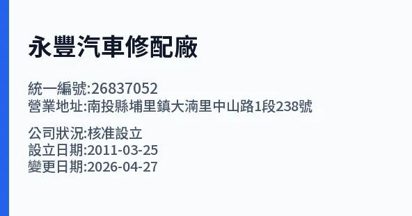 永豐汽車修配廠的照片-統編 26837052(南投縣) 公司登記資料與營業項目詳細圖表
