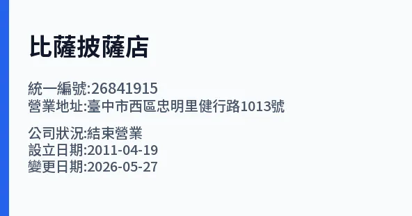 比薩披薩店的照片-統編 26841915(臺中市) 公司登記資料與營業項目詳細圖表