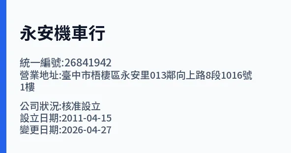 永安機車行的照片-統編 26841942(臺中市) 公司登記資料與營業項目詳細圖表