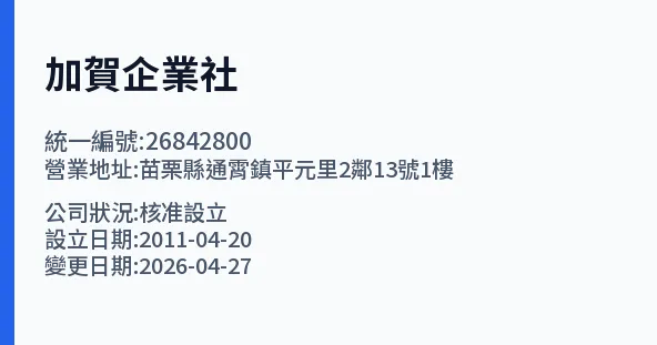 加賀企業社的照片-統編 26842800(苗栗縣) 公司登記資料與營業項目詳細圖表