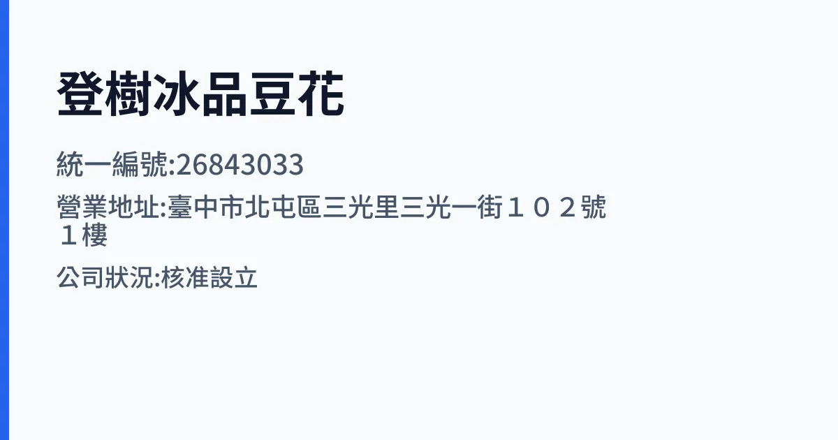 登樹冰品豆花 - 統編 26843033(臺中市) 公司登記資料與營業項目詳細圖表