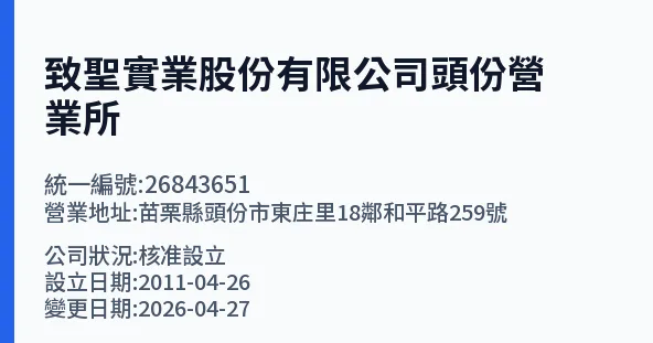 致聖實業股份有限公司頭份營業所的照片-統編 26843651(苗栗縣) 公司登記資料與營業項目詳細圖表
