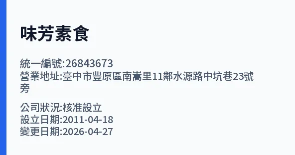 味芳素食的照片-統編 26843673(臺中市) 公司登記資料與營業項目詳細圖表