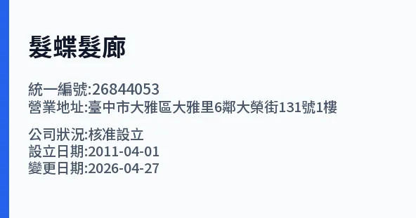 髮蝶髮廊的照片-統編 26844053(臺中市) 公司登記資料與營業項目詳細圖表