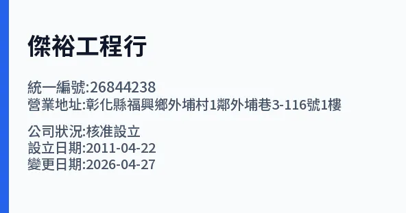 傑裕工程行的照片-統編 26844238(彰化縣) 公司登記資料與營業項目詳細圖表