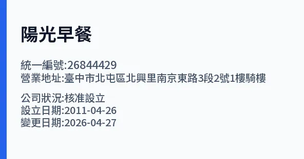 陽光早餐的照片-統編 26844429(臺中市) 公司登記資料與營業項目詳細圖表