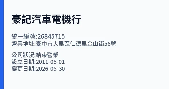 豪記汽車電機行的照片-統編 26845715(臺中市) 公司登記資料與營業項目詳細圖表