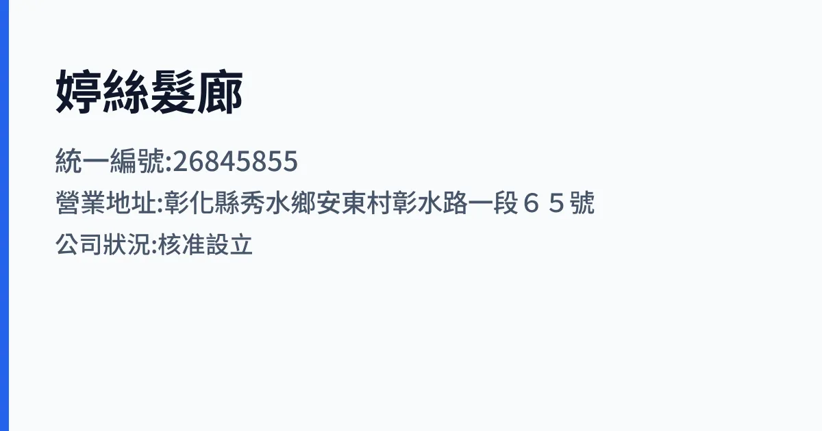 婷絲髮廊 - 統編 26845855（彰化縣） 公司登記資料與營業項目詳細圖表