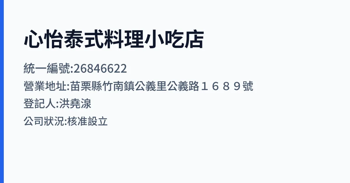 心怡泰式料理小吃店 - 統編 26846622(苗栗縣) 公司登記資料與營業項目詳細圖表