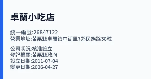 卓蘭小吃店的照片-統編 26847122(苗栗縣) 公司登記資料與營業項目詳細圖表