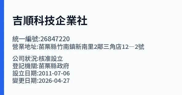 吉順科技企業社的照片-統編 26847220(苗栗縣) 公司登記資料與營業項目詳細圖表