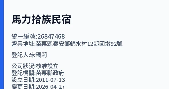 馬力拾族民宿的照片-統編 26847468(苗栗縣) 公司登記資料與營業項目詳細圖表