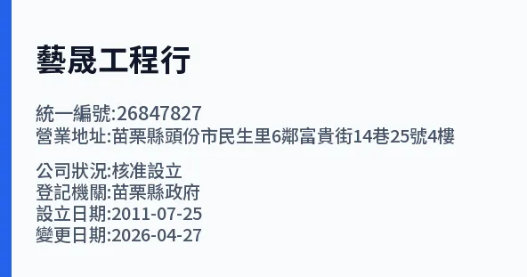 藝晟工程行的照片-統編 26847827(苗栗縣) 公司登記資料與營業項目詳細圖表