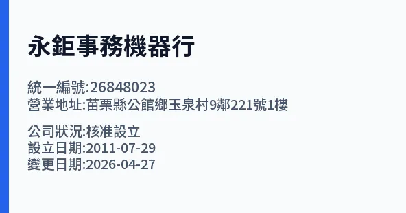 永鉅事務機器行的照片-統編 26848023(苗栗縣) 公司登記資料與營業項目詳細圖表