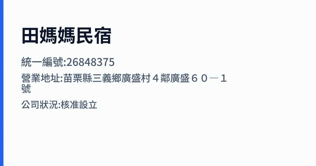 田媽媽民宿 - 統編 26848375(苗栗縣) 公司登記資料與營業項目詳細圖表