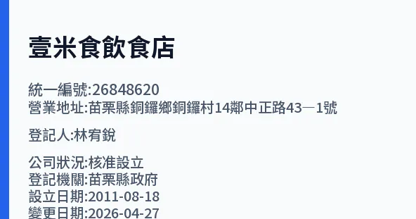 壹米食飲食店的照片-統編 26848620(苗栗縣) 公司登記資料與營業項目詳細圖表