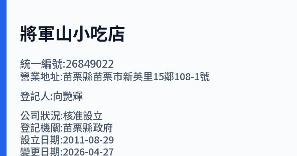 將軍山小吃店的照片-統編 26849022(苗栗縣) 公司登記資料與營業項目詳細圖表