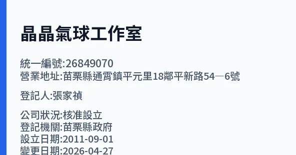 晶晶氣球工作室的照片-統編 26849070(苗栗縣) 公司登記資料與營業項目詳細圖表
