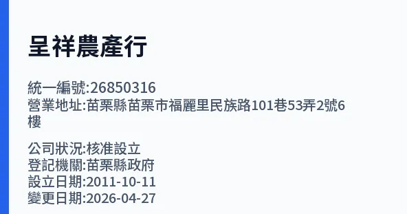 呈祥農產行的照片-統編 26850316(苗栗縣) 公司登記資料與營業項目詳細圖表