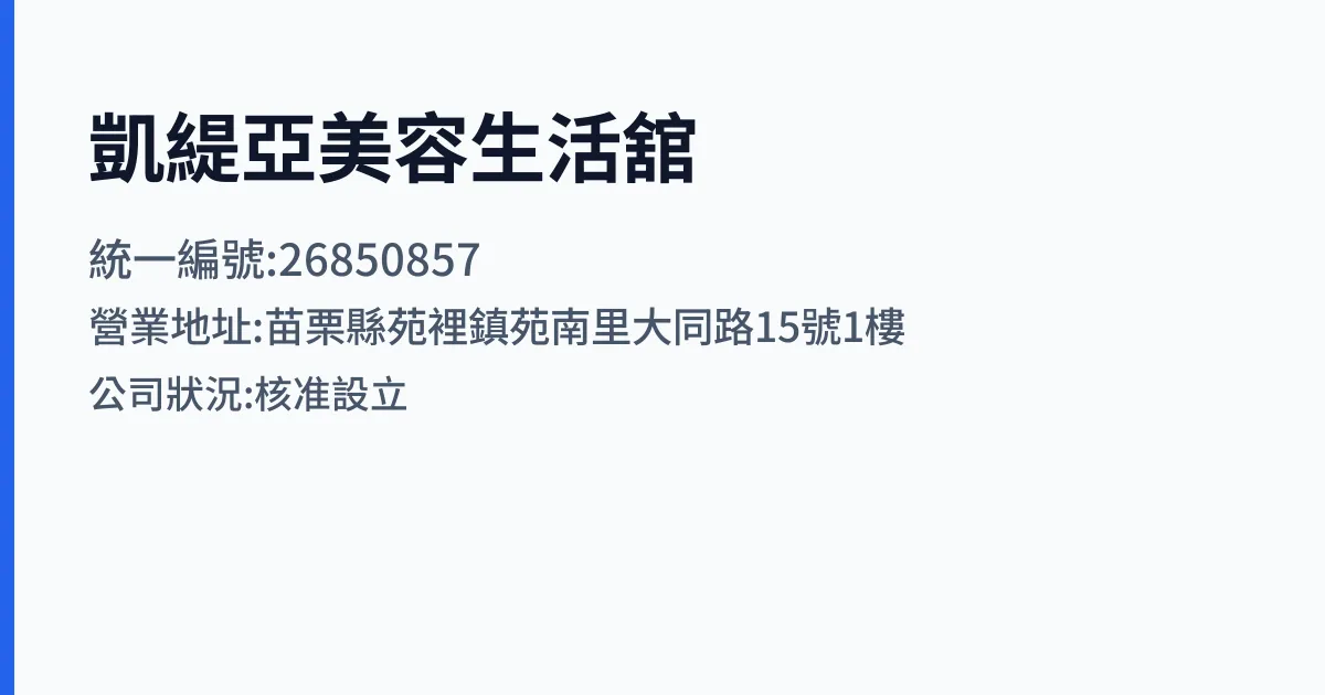 凱緹亞美容生活舘 - 統編 26850857(苗栗縣) 公司登記資料與營業項目詳細圖表
