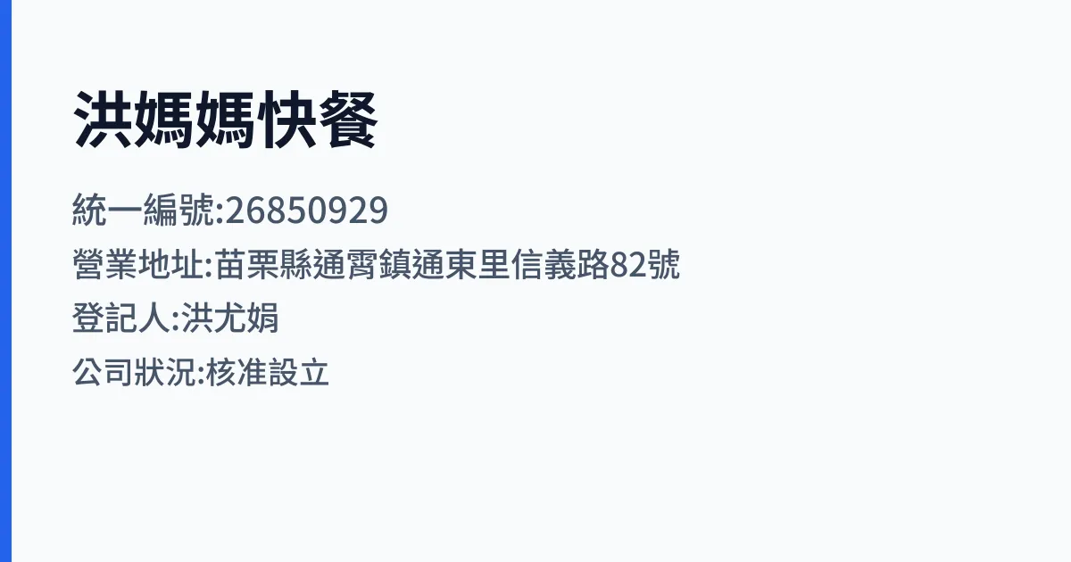 洪媽媽快餐 - 統編 26850929(苗栗縣) 公司登記資料與營業項目詳細圖表