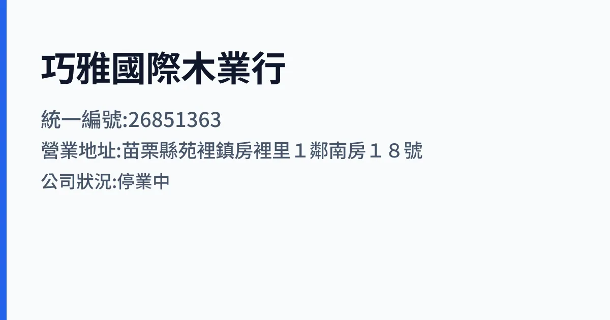 巧雅國際木業行 - 統編 26851363(苗栗縣) 公司登記資料與營業項目詳細圖表