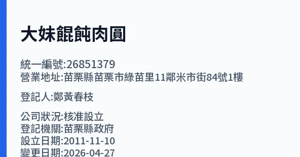 大妹餛飩肉圓的照片-統編 26851379(苗栗縣) 公司登記資料與營業項目詳細圖表