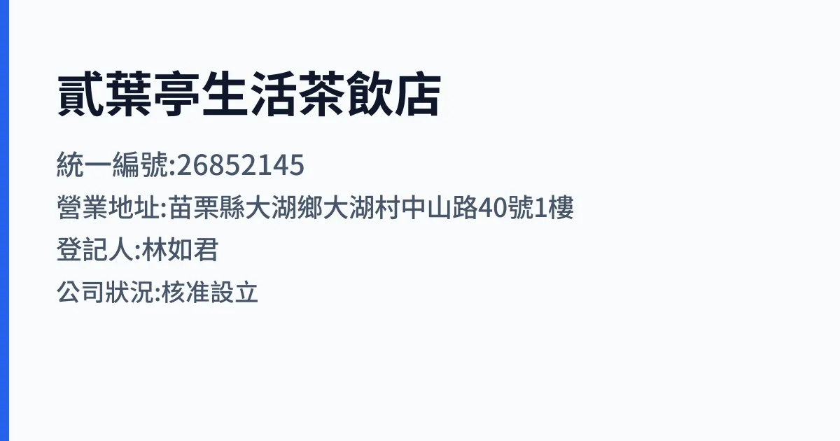 貳葉亭生活茶飲店 - 統編 26852145(苗栗縣) 公司登記資料與營業項目詳細圖表
