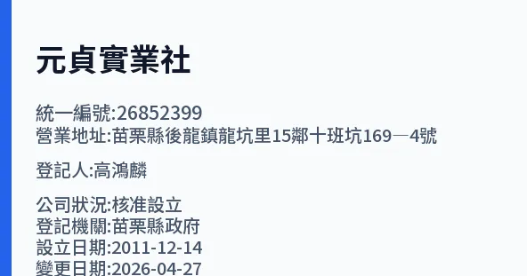 元貞實業社的照片-統編 26852399(苗栗縣) 公司登記資料與營業項目詳細圖表
