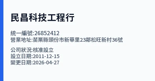民昌科技工程行的照片-統編 26852412(苗栗縣) 公司登記資料與營業項目詳細圖表
