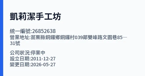 凱莉潔手工坊的照片-統編 26852638(苗栗縣) 公司登記資料與營業項目詳細圖表