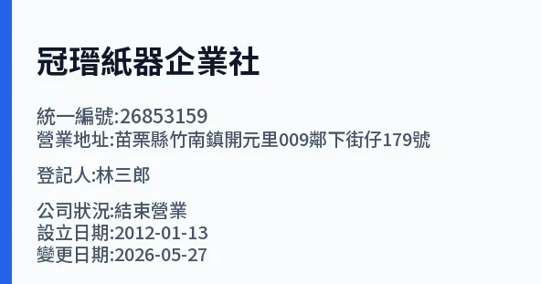 冠瑨紙器企業社的照片-統編 26853159(苗栗縣) 公司登記資料與營業項目詳細圖表