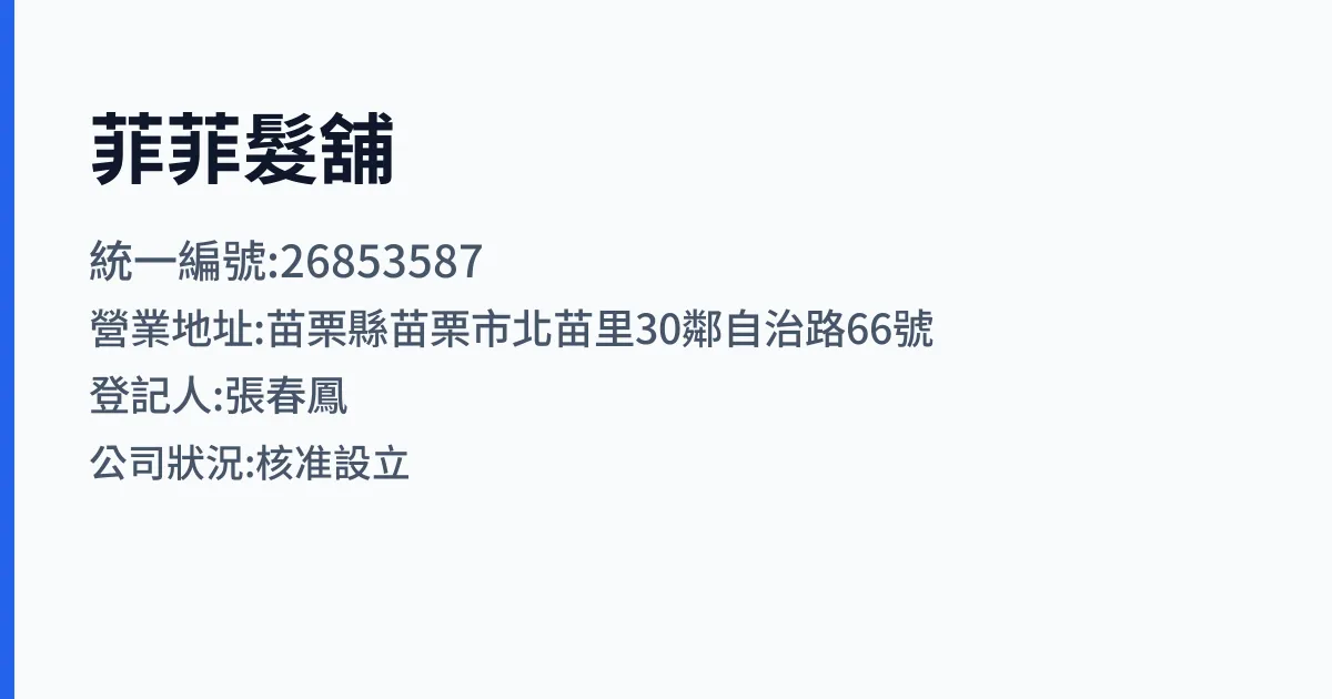 菲菲髮舖 - 統編 26853587(苗栗縣) 公司登記資料與營業項目詳細圖表