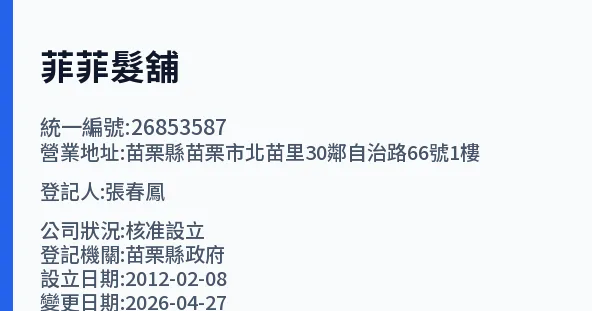 菲菲髮舖的照片-統編 26853587(苗栗縣) 公司登記資料與營業項目詳細圖表