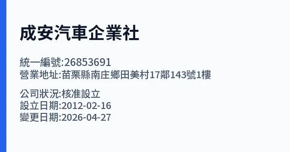 成安汽車企業社的照片-統編 26853691(苗栗縣) 公司登記資料與營業項目詳細圖表