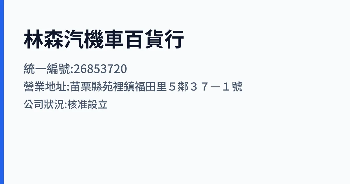 林森汽機車百貨行 - 統編 26853720(苗栗縣) 公司登記資料與營業項目詳細圖表