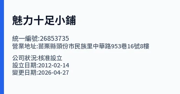 魅力十足小鋪的照片-統編 26853735(苗栗縣) 公司登記資料與營業項目詳細圖表