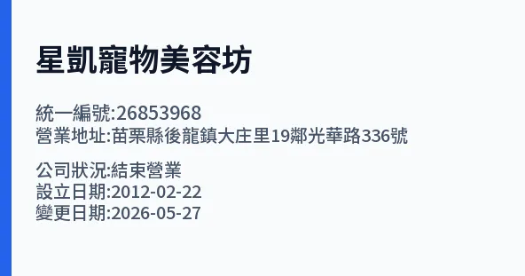 星凱寵物美容坊的照片-統編 26853968(苗栗縣) 公司登記資料與營業項目詳細圖表